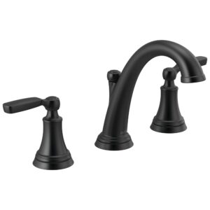 delta faucet woodhurst widespread bathroom faucet black, matte black bathroom faucet 3 hole, bathroom sink faucet, metal drain assembly, matte black 3532lf-bl