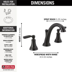 Delta Faucet Woodhurst Widespread Bathroom Faucet Black, Matte Black Bathroom Faucet 3 Hole, Bathroom Sink Faucet, Metal Drain Assembly, Matte Black 3532LF-BL