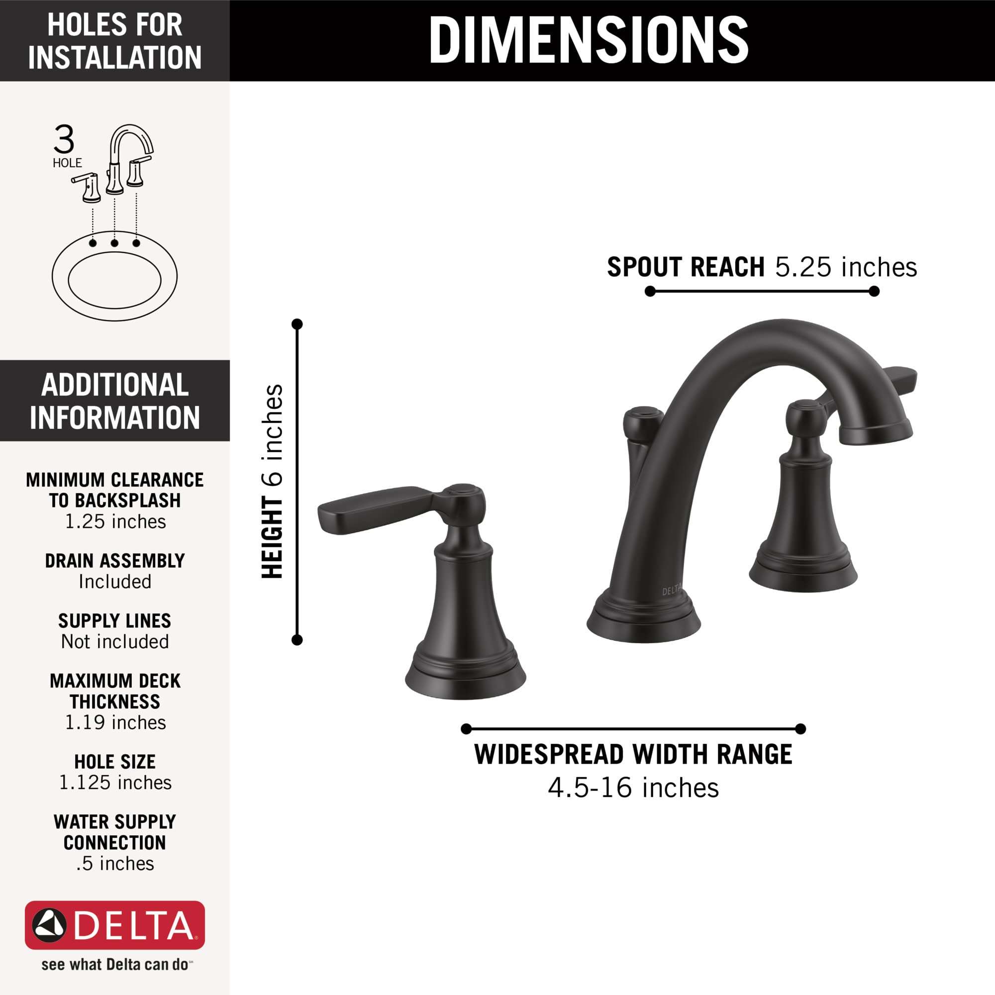 Delta Faucet Woodhurst Widespread Bathroom Faucet Black, Matte Black Bathroom Faucet 3 Hole, Bathroom Sink Faucet, Metal Drain Assembly, Matte Black 3532LF-BL