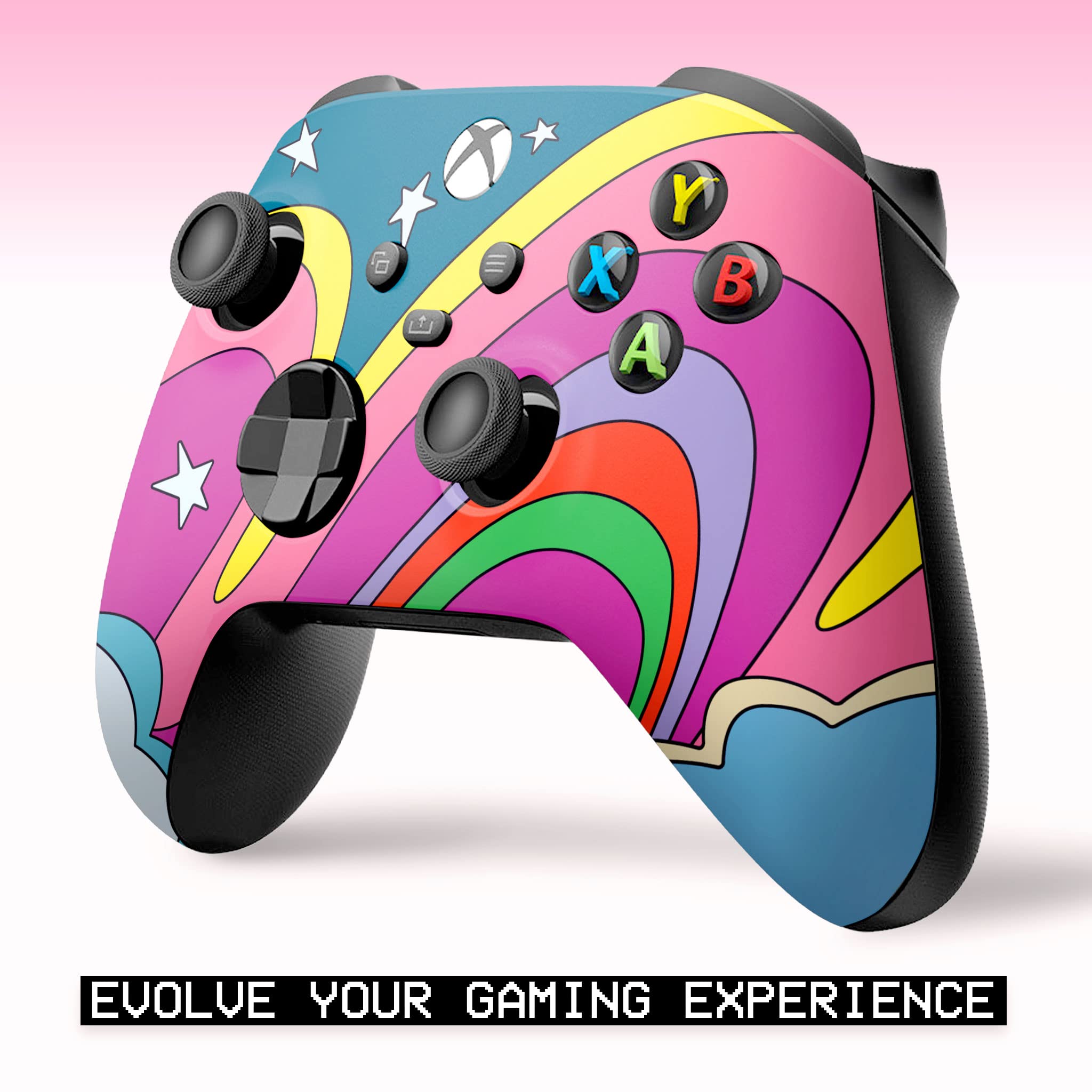 Vintage Psychedelic Rainbow Customised Wireless Controller for Xbox by BCB. Original Xbox Controller Compatible with Xbox One / Series X&S Console. Customized with Water Transfer Printing (Not a Skin)