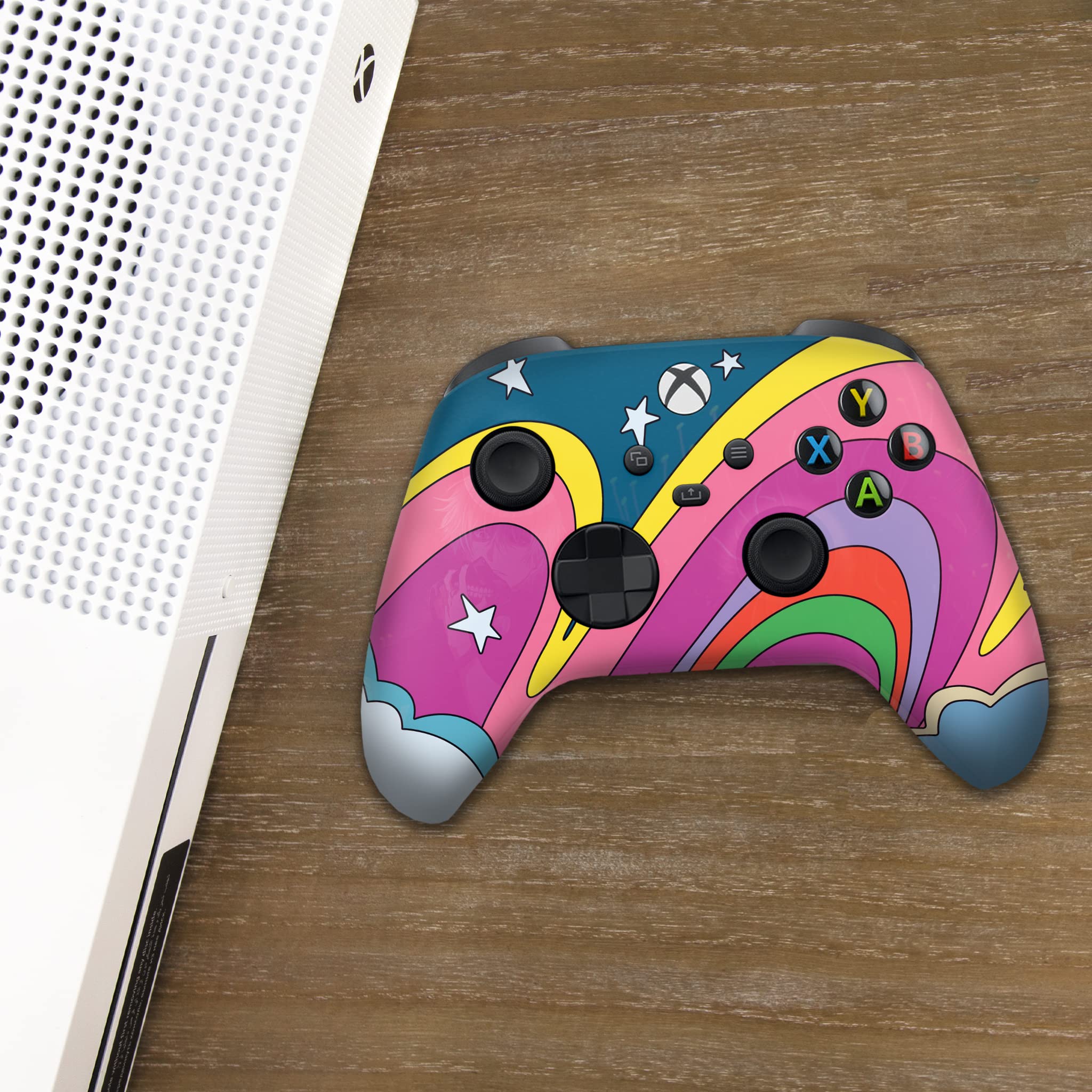 Vintage Psychedelic Rainbow Customised Wireless Controller for Xbox by BCB. Original Xbox Controller Compatible with Xbox One / Series X&S Console. Customized with Water Transfer Printing (Not a Skin)