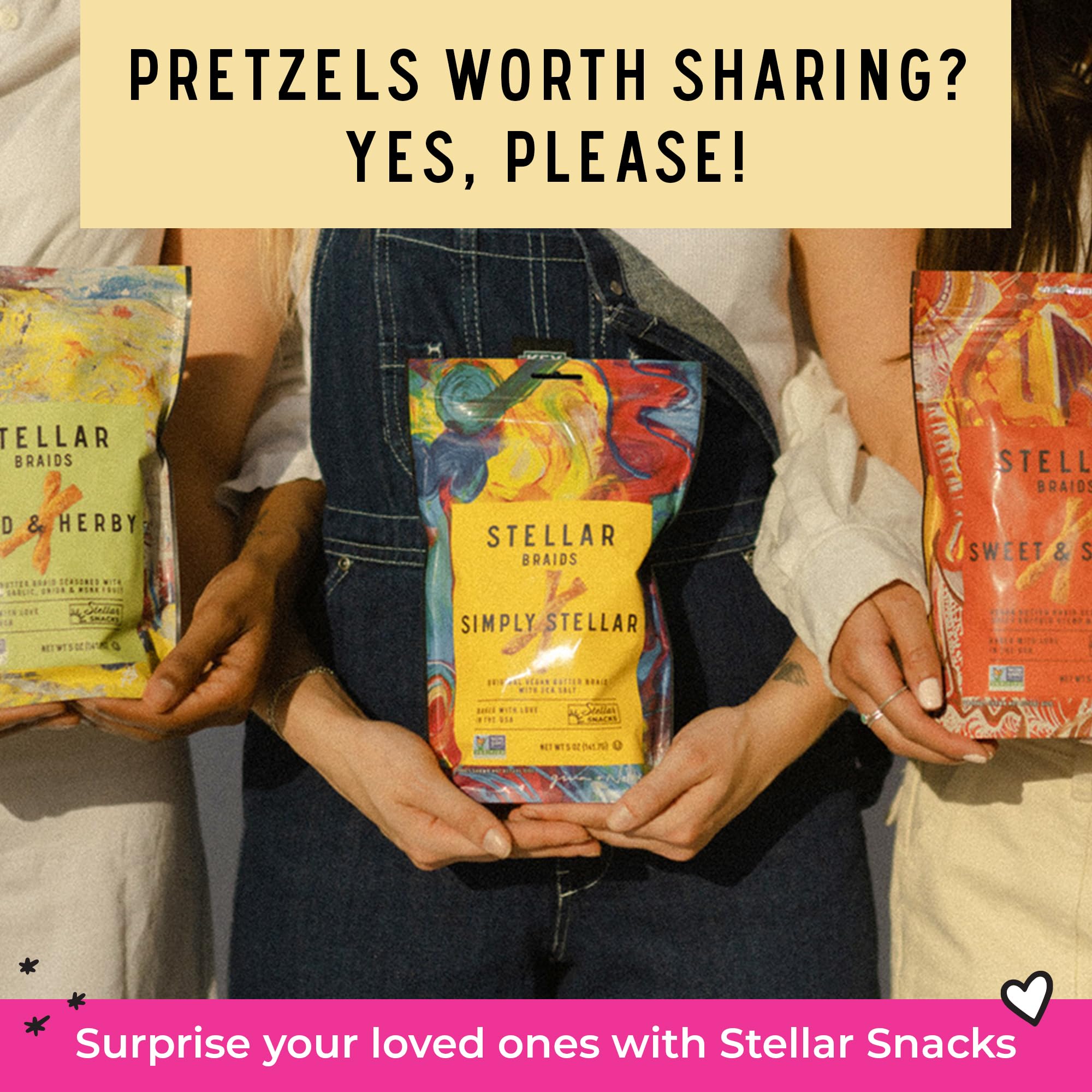 Stellar Pretzels Braids Simply Stellar, 6 Snack Packs (5 oz each) Sea Salt Flavor - Stellar Snacks, Vegan, Kosher, Peanut-Free, Non-GMO, Individual Bags, Pretzel Twists - Made in the USA