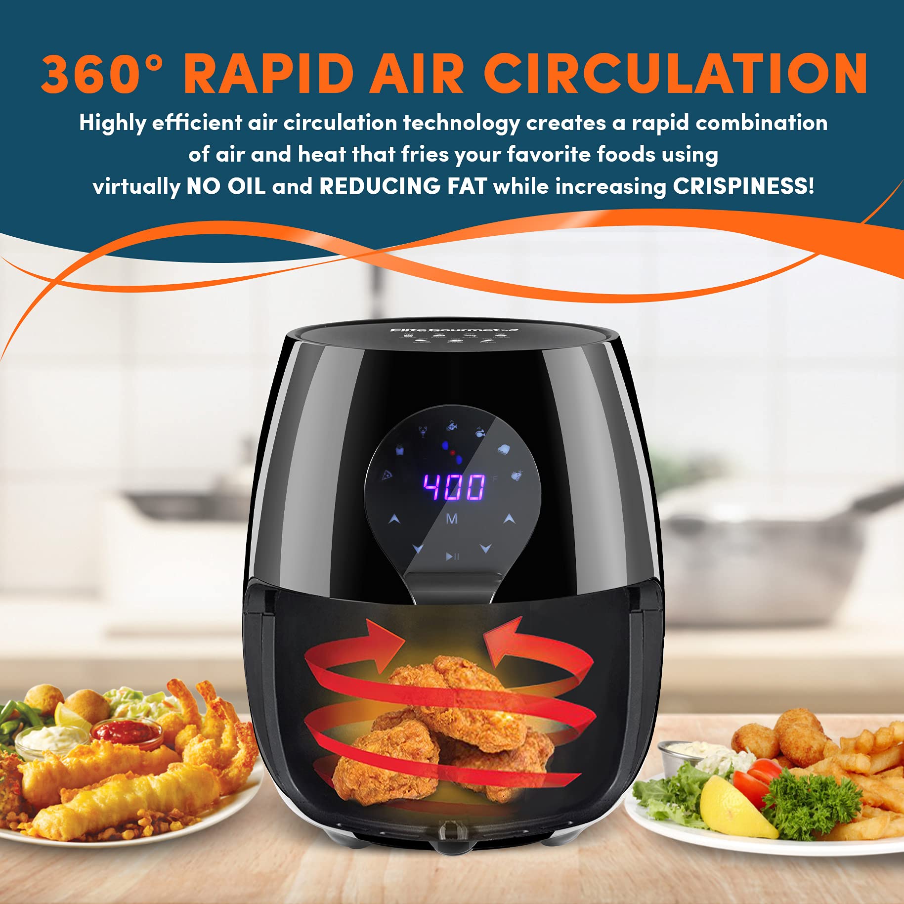 Elite Gourmet EAF5317D# Digital 5.3Qt Hot Air Fryer 7 Menu Functions 1350W Oil-Less Healthy Cooker, Timer & Temperature Controls, Black