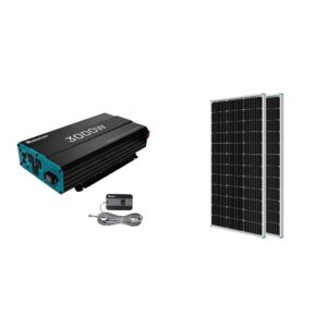 renogy 3000w pure sine wave inverter 12v dc to 120v ac converter & 2pcs 100 watt solar panels 12 volt monocrystalline, high-efficiency module pv power charger, 2-pack compact design