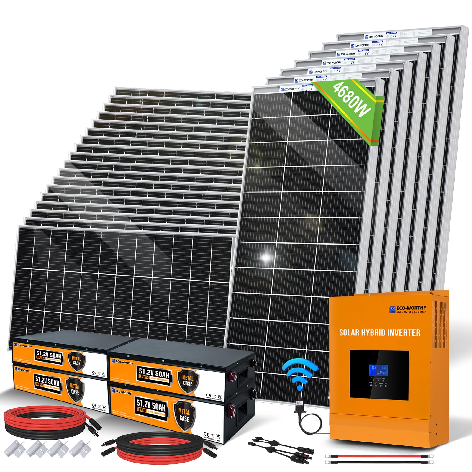 ECO-WORTHY 21.5KWH 4680W 48V Solar Power Complete Kit for Home Shed: 24pcs 195W Mono Solar Panel + 1pc 5000W 48V All-in-one MPPT Solar Charge Inverter + 4pcs 48V 50AH Lithium Battery(10KWH) +Z-bracket