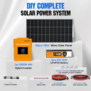 ECO-WORTHY 21.5KWH 4680W 48V Solar Power Complete Kit for Home Shed: 24pcs 195W Mono Solar Panel + 1pc 5000W 48V All-in-one MPPT Solar Charge Inverter + 4pcs 48V 50AH Lithium Battery(10KWH) +Z-bracket