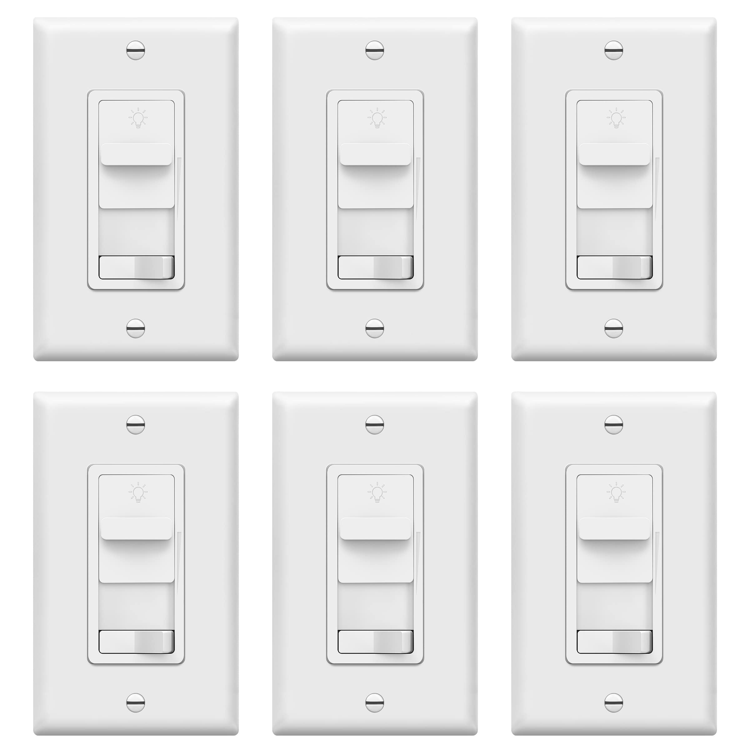 TOPGREENER Dimmer Light Switch for 200W Dimmable LED/CFL Lights, Single Pole/3-Way LED Slide Dimmer Switch,Neutral Wire Not Required,TGSDS3-W-6PCS, 6 Pack, White