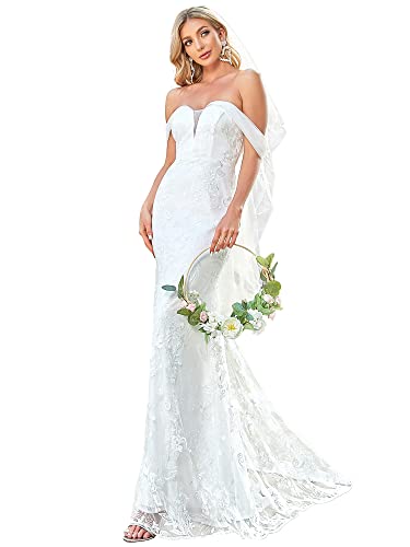 Ever-Pretty Women's V Neck Lace Maxi Mermaid Wedding Dress with Sweep Train White US4