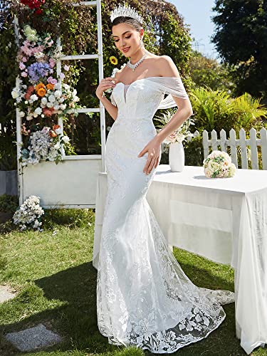 Ever-Pretty Women's V Neck Lace Maxi Mermaid Wedding Dress with Sweep Train White US4