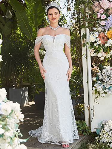 Ever-Pretty Women's V Neck Lace Maxi Mermaid Wedding Dress with Sweep Train White US4