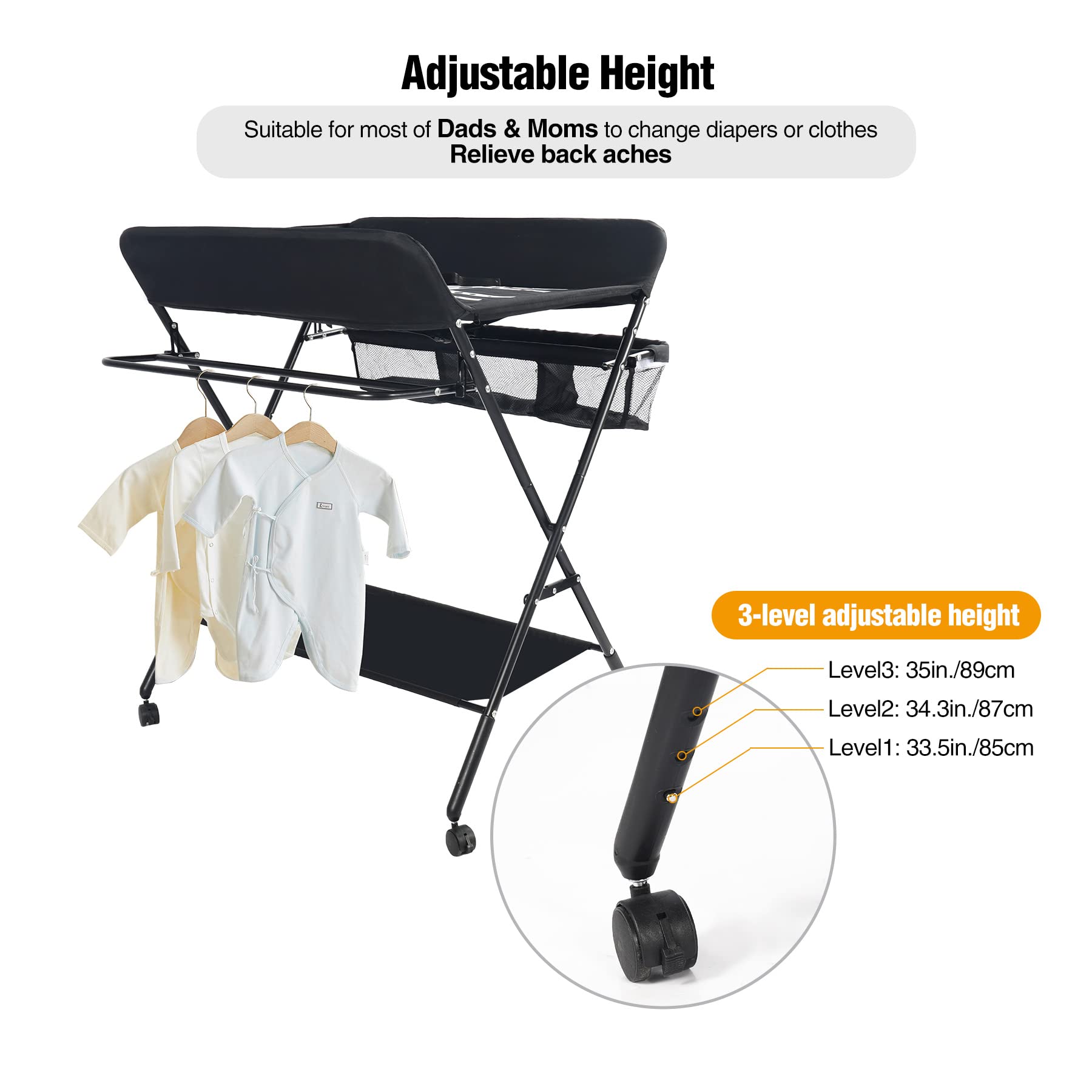 RedSwing Portable Baby Changing Table, Adjustable Height Diaper Changing Station with Wheels, Folding Changing Table with Safety Belt and Large Storage Rack for Newborn Baby and Infant, Black