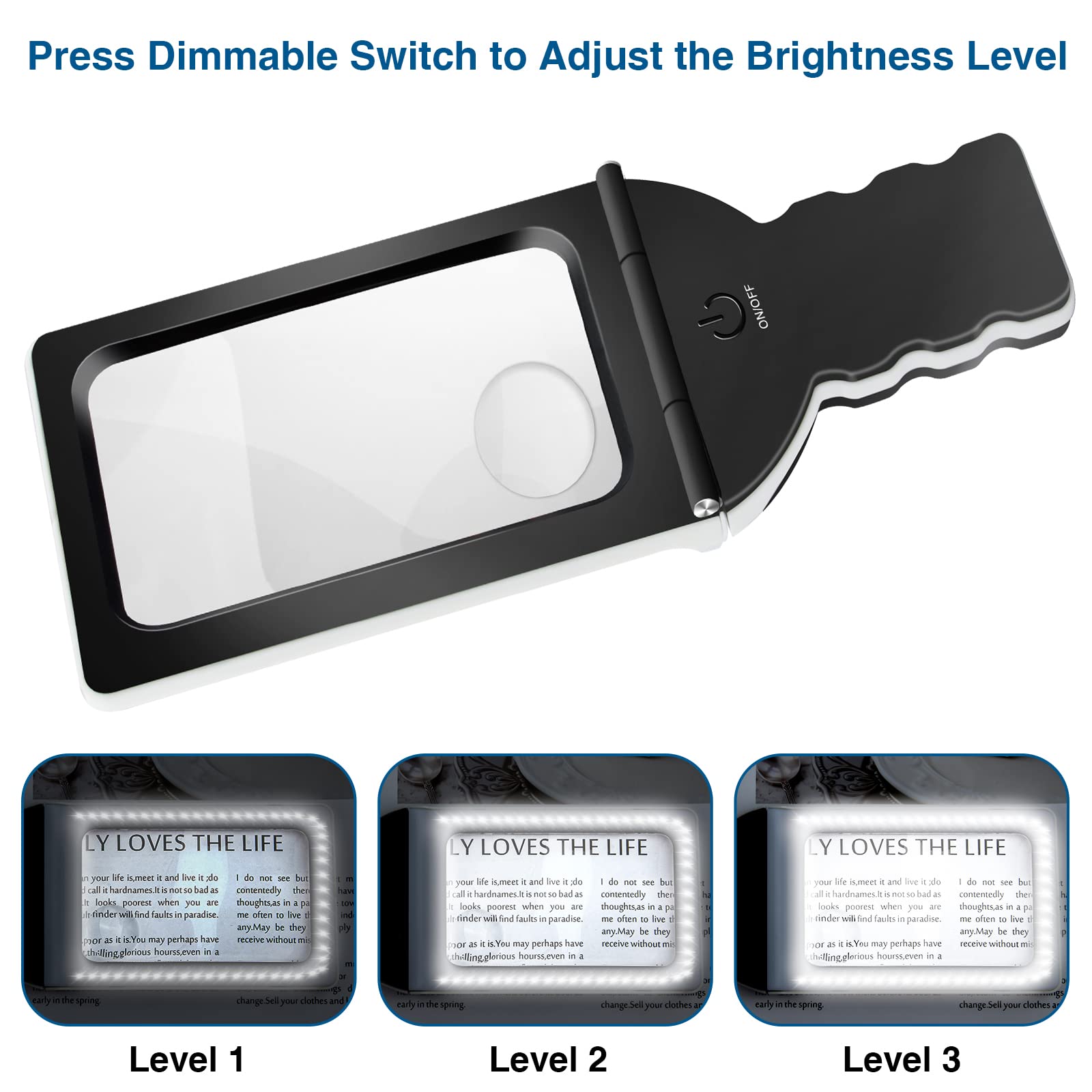 Magnifying Glass for Reading, 3X 10X Foldable Magnifier with 50 LED Lights 3 Level Dimmable-Evenly Lit Viewing Area Ideal for Reading and Low Vision Seniors