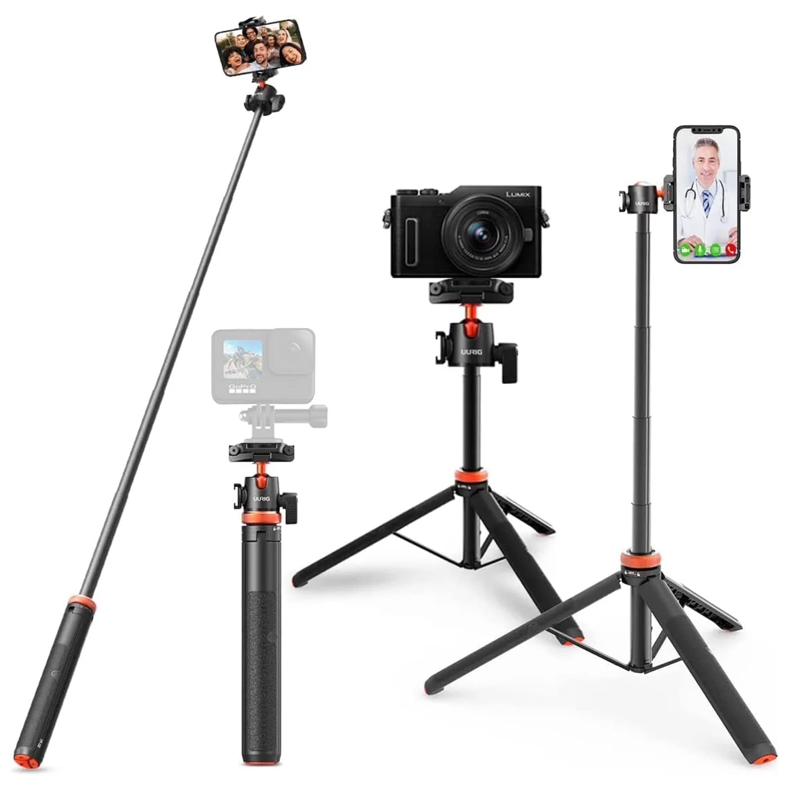 UURig Camera Tripod, 52 inch Extendable Phone Selfie Stick Camera Tripod Stand with 2 in 1 Phone Clip, 5 Levels Adjustment 360° Ball Head Loads Up for iPhone Sony Canon GoPro