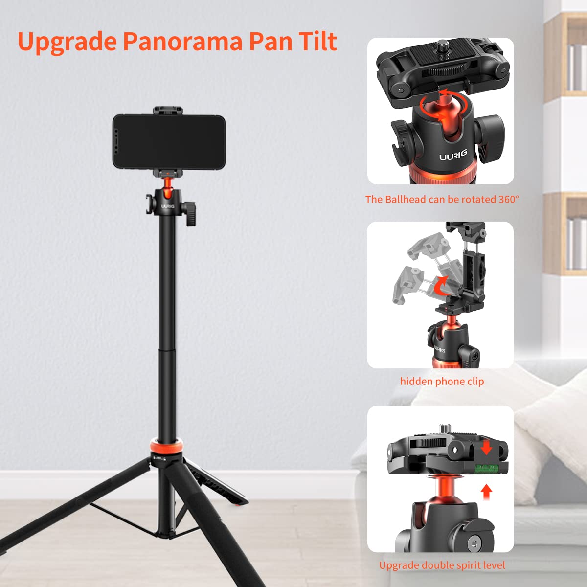 UURig Camera Tripod, 52 inch Extendable Phone Selfie Stick Camera Tripod Stand with 2 in 1 Phone Clip, 5 Levels Adjustment 360° Ball Head Loads Up for iPhone Sony Canon GoPro