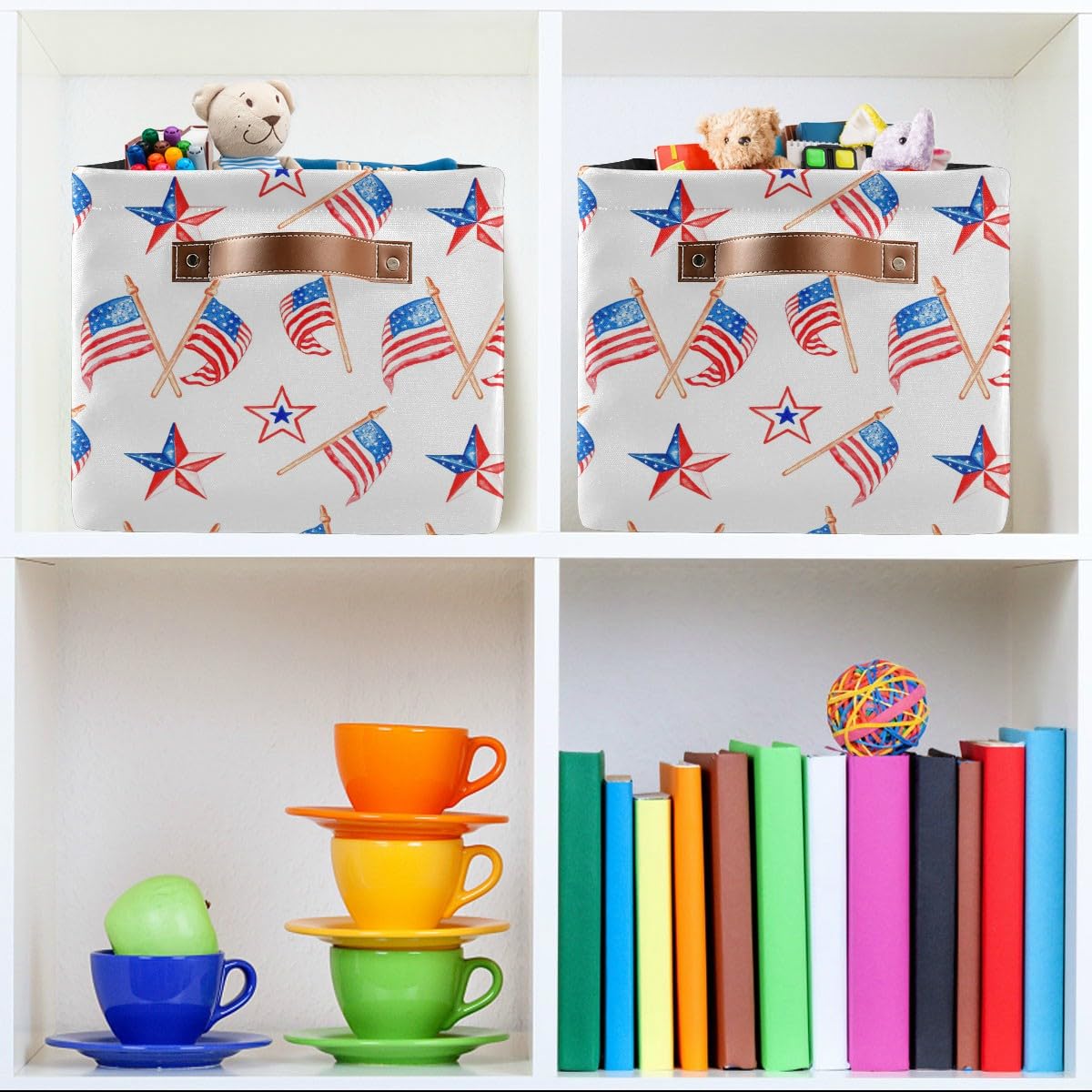 American Flag Independence Day Star Storage Basket,Large Storage Bin Fabric Collapsible Organizer Bag with Handles 15x11x9.5 inch