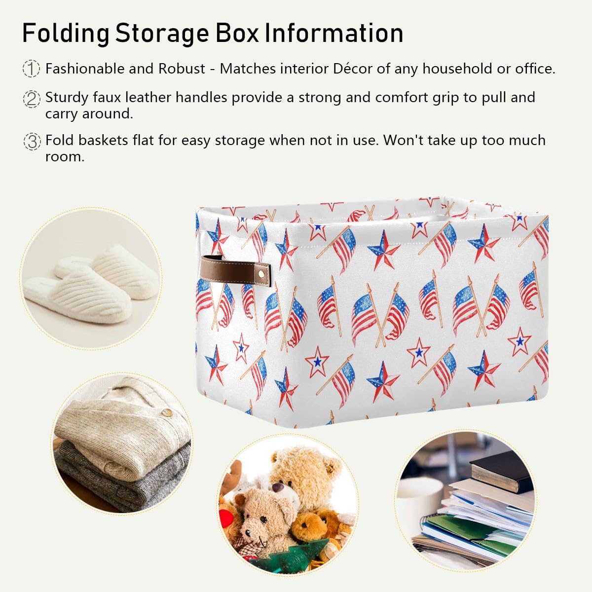 American Flag Independence Day Star Storage Basket,Large Storage Bin Fabric Collapsible Organizer Bag with Handles 15x11x9.5 inch