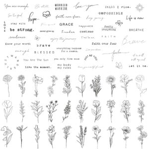 tatuwst realistic temporary tattoos - 60 sheets tiny small removable tattoos, 30 pcs inspirational quotes words tattoos, 30 pcs wild flower ink line botanical floral leaf tattoo stickers for women