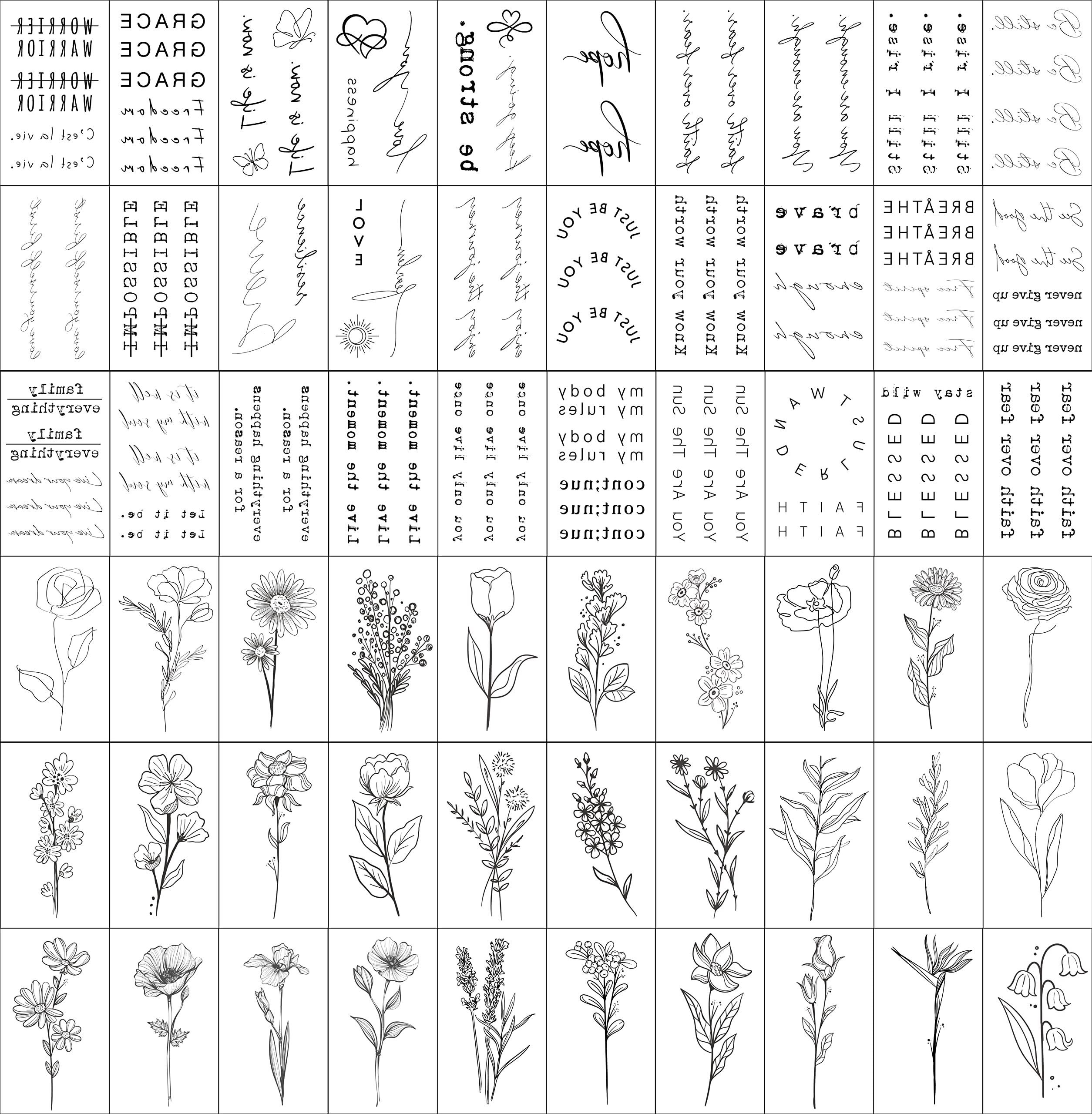 TATUWST Realistic Temporary Tattoos - 60 Sheets Tiny Small Removable Tattoos, 30 Pcs Inspirational Quotes Words Tattoos, 30 Pcs Wild Flower Ink Line Botanical Floral Leaf Tattoo Stickers for Women