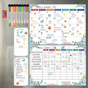 vkopa dry erase calendar whiteboard. set of 4 magnetic calendars for refrigerator, monthly, weekly organizer & daily notepad . planner board & fridge family calendar. 8 markers 1 eraser, white