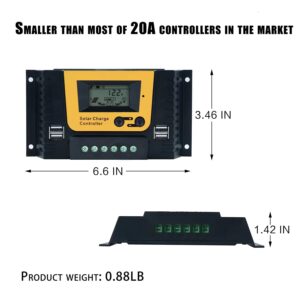 JJN Solar Charge Controller 20A Solar Panel Battery Controller Intelligent Regulator 12V/24V/36V/48V PWM Fit for 100w-500w Power with Adjustable LCD Display Dual USB Port