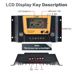 JJN Solar Charge Controller 20A Solar Panel Battery Controller Intelligent Regulator 12V/24V/36V/48V PWM Fit for 100w-500w Power with Adjustable LCD Display Dual USB Port