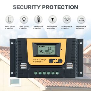 JJN Solar Charge Controller 20A Solar Panel Battery Controller Intelligent Regulator 12V/24V/36V/48V PWM Fit for 100w-500w Power with Adjustable LCD Display Dual USB Port