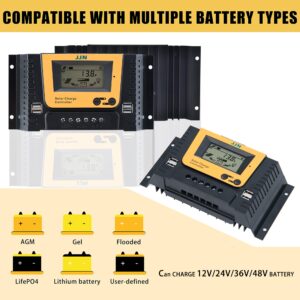 JJN Solar Charge Controller 20A Solar Panel Battery Controller Intelligent Regulator 12V/24V/36V/48V PWM Fit for 100w-500w Power with Adjustable LCD Display Dual USB Port