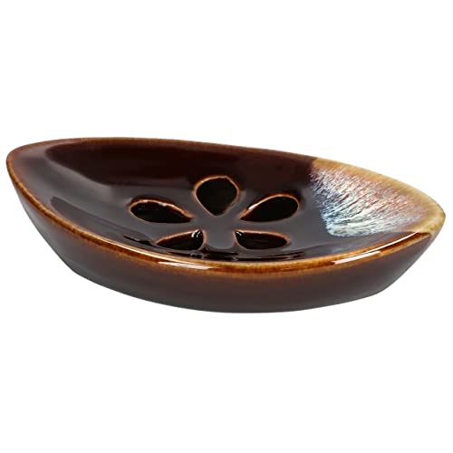 LungMongKol Shop Ceramic Soap Dish with Self Draining Tray for Bar Soap, Bathroom, Kitchen (Brown No.3)