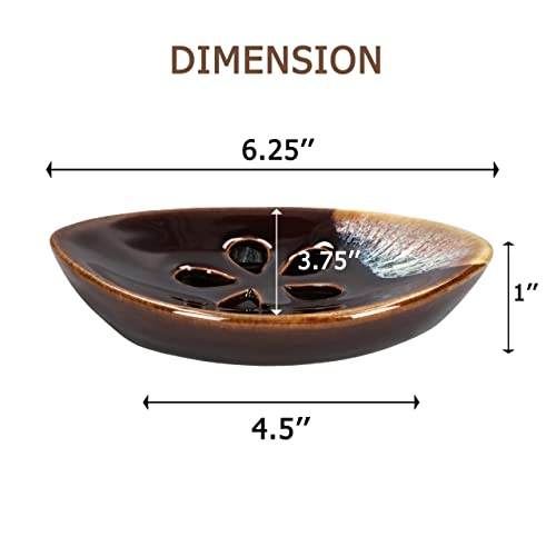 LungMongKol Shop Ceramic Soap Dish with Self Draining Tray for Bar Soap, Bathroom, Kitchen (Brown No.3)