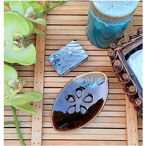 LungMongKol Shop Ceramic Soap Dish with Self Draining Tray for Bar Soap, Bathroom, Kitchen (Brown No.3)