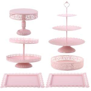 6 pcs pink cake stands set, cake pedestal stand display table tiered cupcake holder candy fruite dessert plate decorating for wedding birthday party baby shower celebration