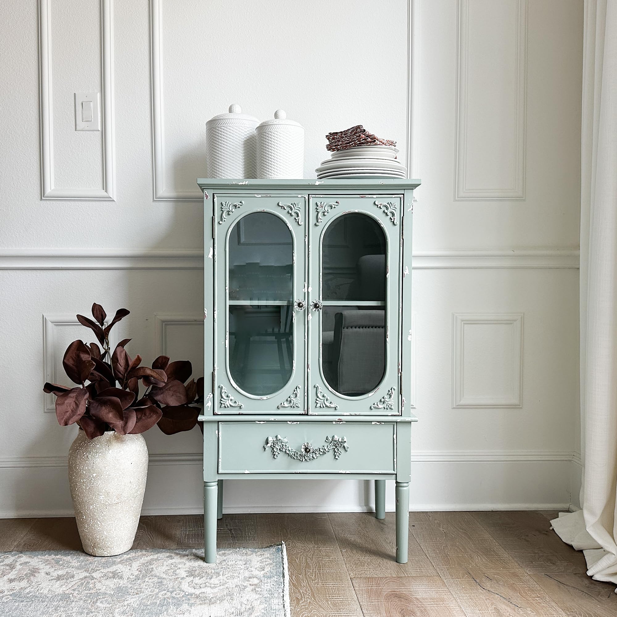 Sophia & William Accent Cabinet, Antique Buffet Cabinet, China Cabinets with Glass Doors and Drawer for Living Room Dining Room Kitchen, Mint Green