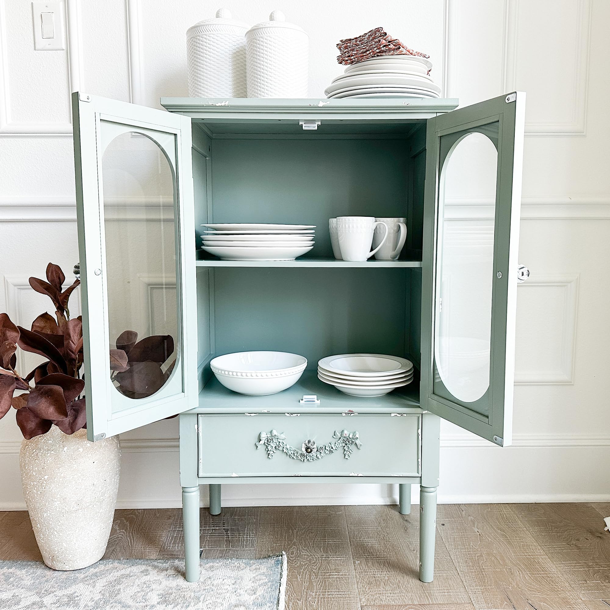 Sophia & William Accent Cabinet, Antique Buffet Cabinet, China Cabinets with Glass Doors and Drawer for Living Room Dining Room Kitchen, Mint Green