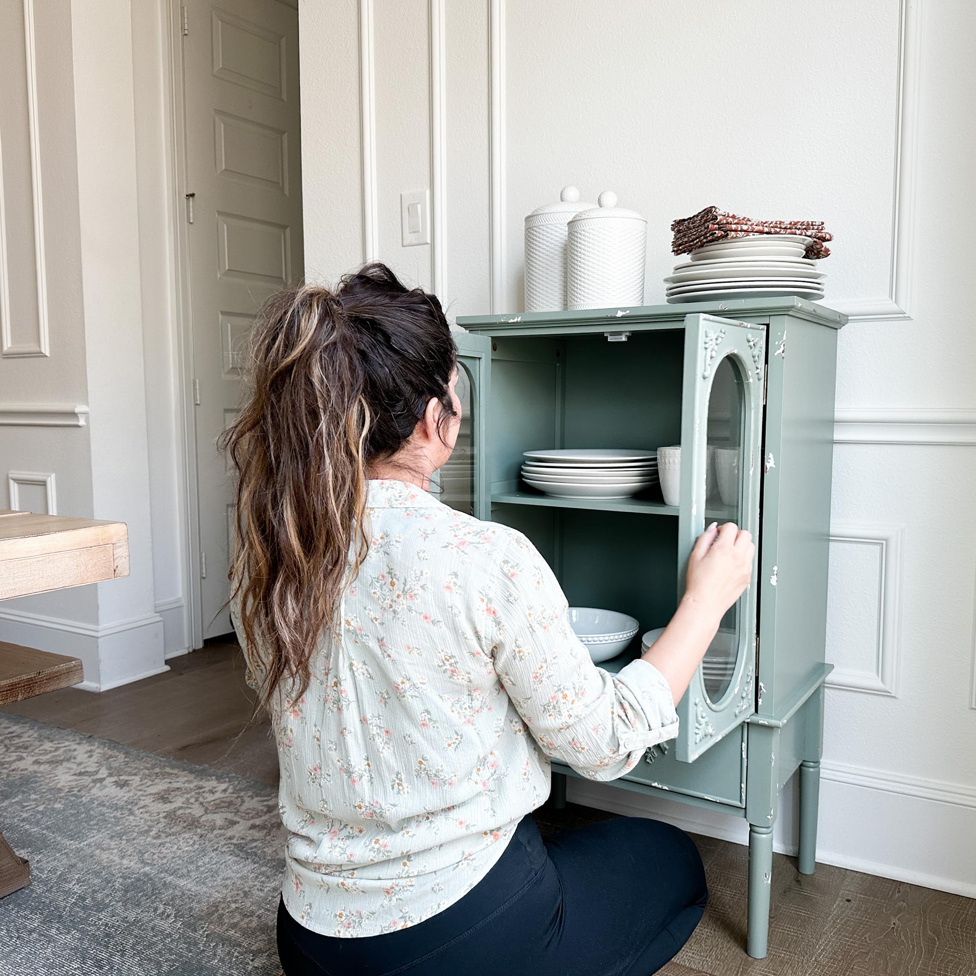 Sophia & William Accent Cabinet, Antique Buffet Cabinet, China Cabinets with Glass Doors and Drawer for Living Room Dining Room Kitchen, Mint Green