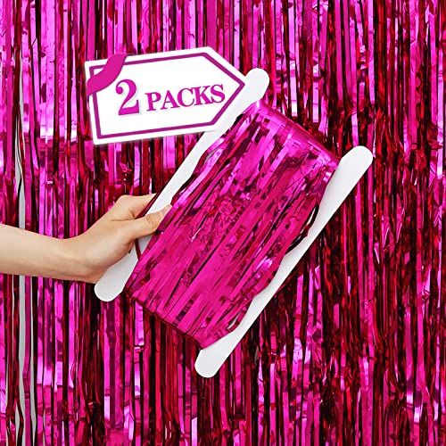 2 Pcs Hot Pink Metallic Tinsel Foil Fringe Curtains Backdrop, 3.28 ft x 6.56 ft Streamers for Birthday Wedding Engagement Bachelorette Party Photo Booth Bridal Shower Baby Shower Decorations Supplies