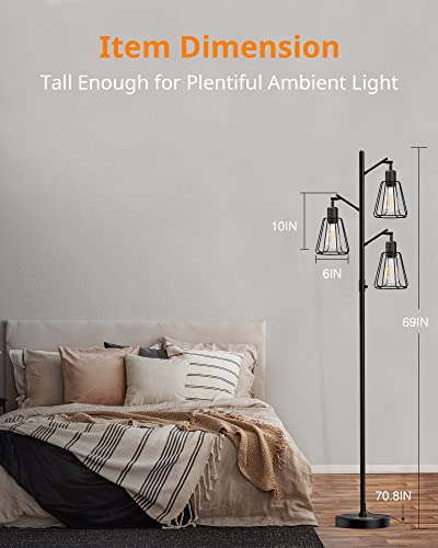 LEPOWER Tree Floor Lamp, Industrial Floor Lamps for Living Room with Multi Head, Dimmable Floor Lamp, LED Standing lamp Edison Bulbs, Pole Tall Lamp for Bedroom Office Black