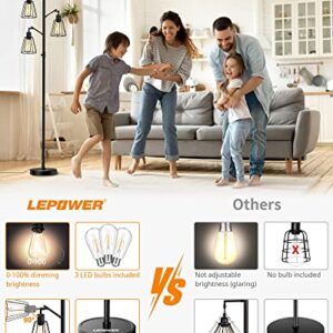 LEPOWER Tree Floor Lamp, Industrial Floor Lamps for Living Room with Multi Head, Dimmable Floor Lamp, LED Standing lamp Edison Bulbs, Pole Tall Lamp for Bedroom Office Black