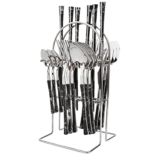 Snplowum 24-Piece Hanging Silverware Set With A Cutlery Rack, Mirror Stainless Steel Flatware With Imitation Marble Wooden Handle Service For 6, Black Silver