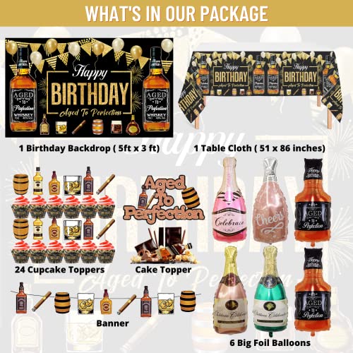 Nelton Whiskey Birthday Party Decorations, Aged to Perfection Birthday Party Supplies Include Backdrop, Banner, Cake Topper, 24 Cupcake Toppers, 6 Foil Balloons, Table Cloth