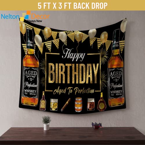 Nelton Whiskey Birthday Party Decorations, Aged to Perfection Birthday Party Supplies Include Backdrop, Banner, Cake Topper, 24 Cupcake Toppers, 6 Foil Balloons, Table Cloth