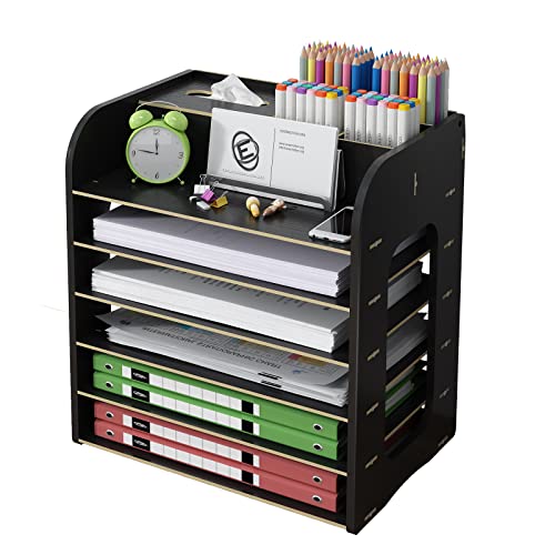 feejee Desktop File Organizer with Pen Holders, 14-Inch, Black, Made of Durable Engineered Wood