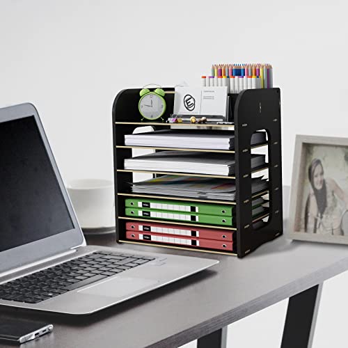 feejee Desktop File Organizer with Pen Holders, 14-Inch, Black, Made of Durable Engineered Wood