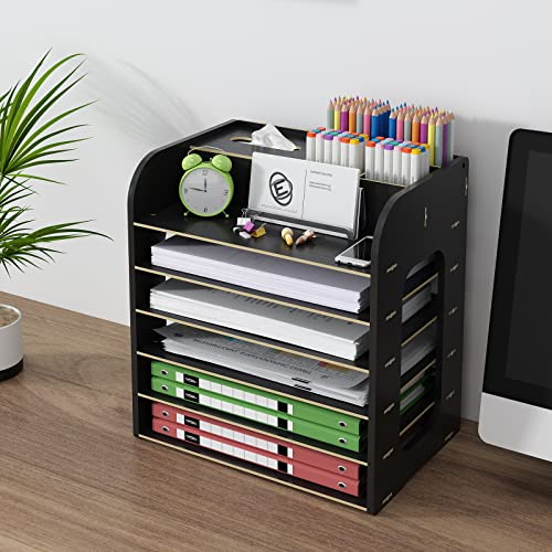 feejee Desktop File Organizer with Pen Holders, 14-Inch, Black, Made of Durable Engineered Wood