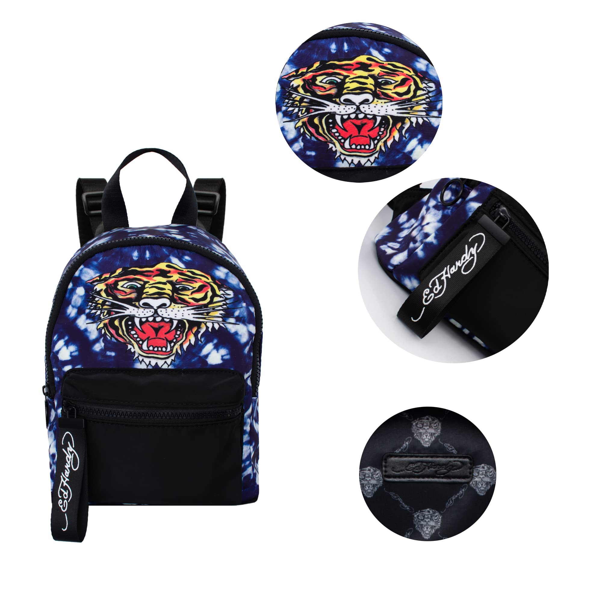 ED HARDY Unisex Blue Tiger On Tye Dye Nylon Backpack With Adjustable Shoulder Strap