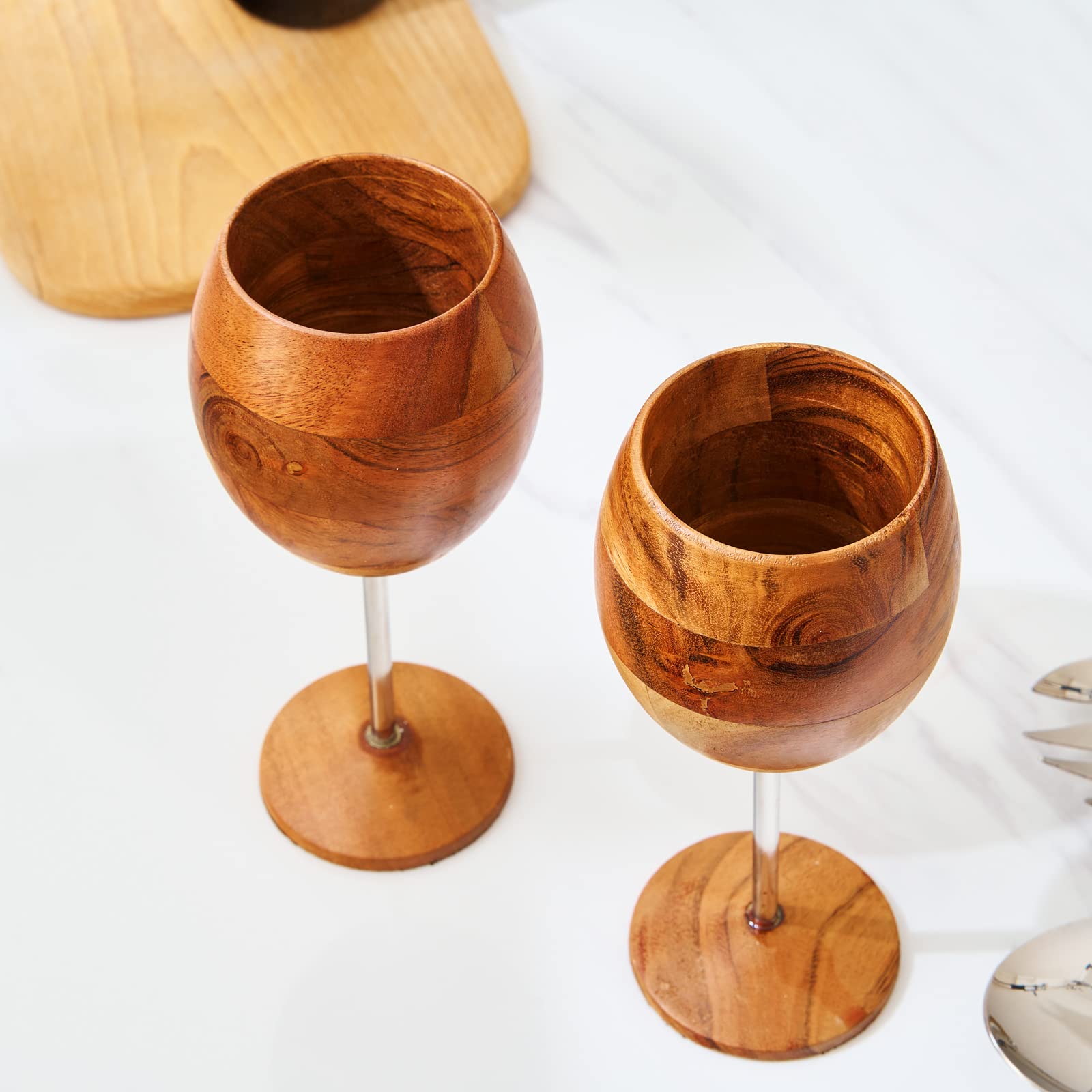 Designer Dark Acacia Wooden WUD Wine Glasses - Set of 2 - Wooden Wine Goblets Rustic Unique Cocktail, Champagne, Martini Natural Wood Glassware, Farmhouse Cup - Toasting Gifts For Him, Her 12 oz