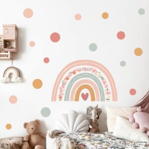 Supzone Large Rainbow Flower Wall Stickers Boho Polka Dots Wall Decal Vinyl for Girls' Room Kids Baby Nursery Bedroom Living Room Playroom Classroom Wall Decor