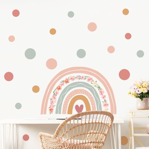 Supzone Large Rainbow Flower Wall Stickers Boho Polka Dots Wall Decal Vinyl for Girls' Room Kids Baby Nursery Bedroom Living Room Playroom Classroom Wall Decor