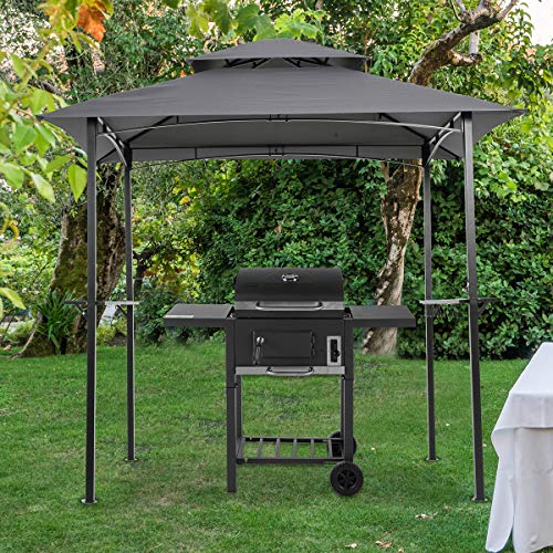 8' x 5' Grill Gazebo Shelter, Outdoor BBQ Gazebo with Double Tier Soft Top, Grill Canopy Tent with Hook and Shelves for Patio Backyard, Steel Frame, Gray