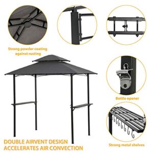 8' x 5' Grill Gazebo Shelter, Outdoor BBQ Gazebo with Double Tier Soft Top, Grill Canopy Tent with Hook and Shelves for Patio Backyard, Steel Frame, Gray