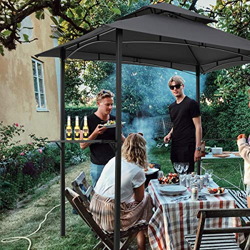 8' x 5' Grill Gazebo Shelter, Outdoor BBQ Gazebo with Double Tier Soft Top, Grill Canopy Tent with Hook and Shelves for Patio Backyard, Steel Frame, Gray